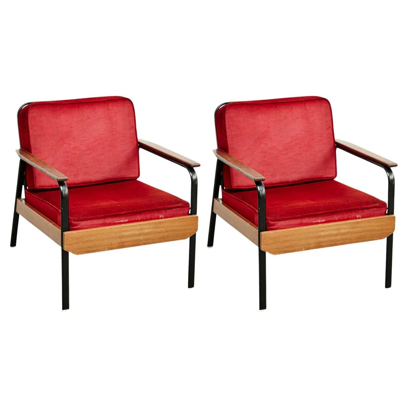 Pair of French Mid-Century Modern Wood and Metal Easy Chairs after Jean ...