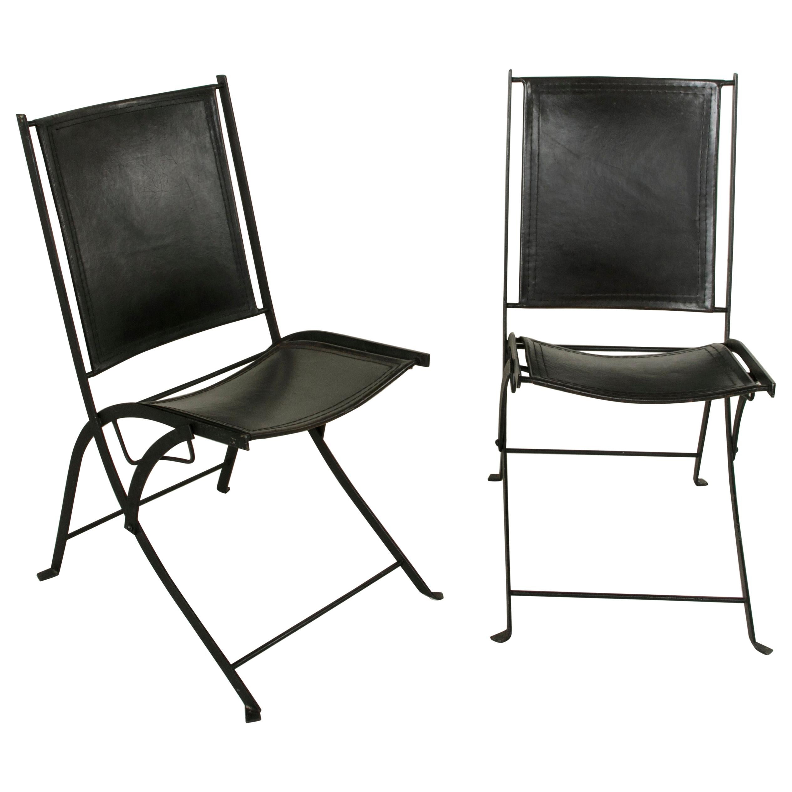 Pair of French Midcentury Black Iron Folding Chairs with Leather Sling ...