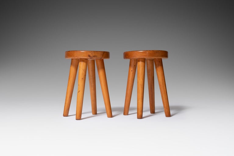 Pair of French Mid-Century Modern Stools in Solid Pine at 1stDibs