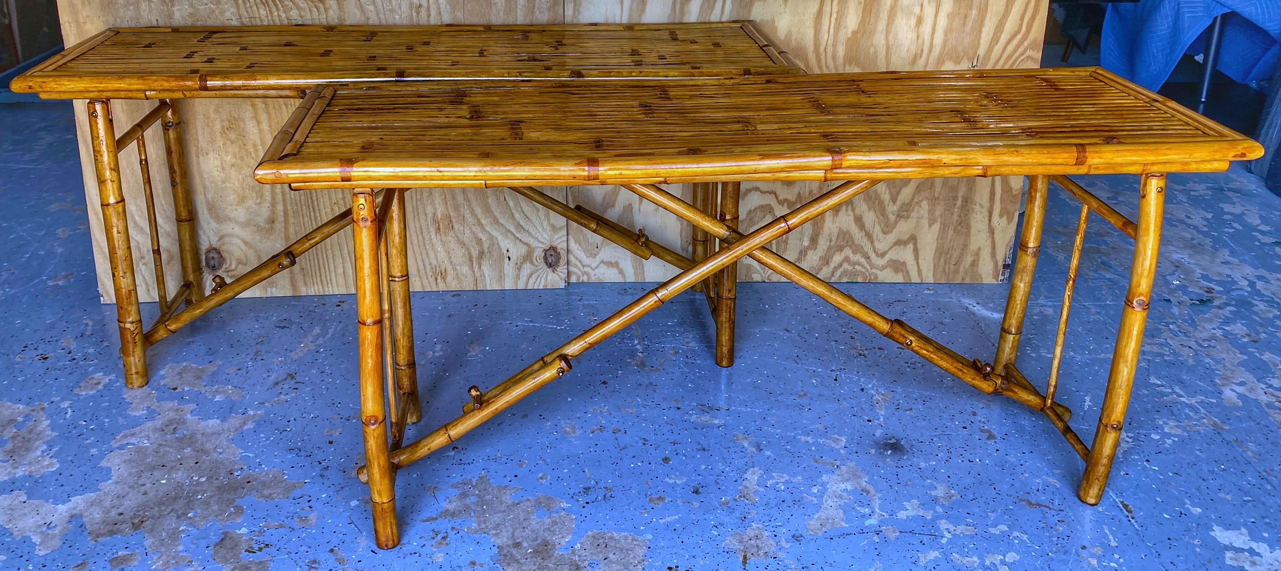 Pair of French Modern Bamboo Trestle Console Tables For Sale at 1stDibs