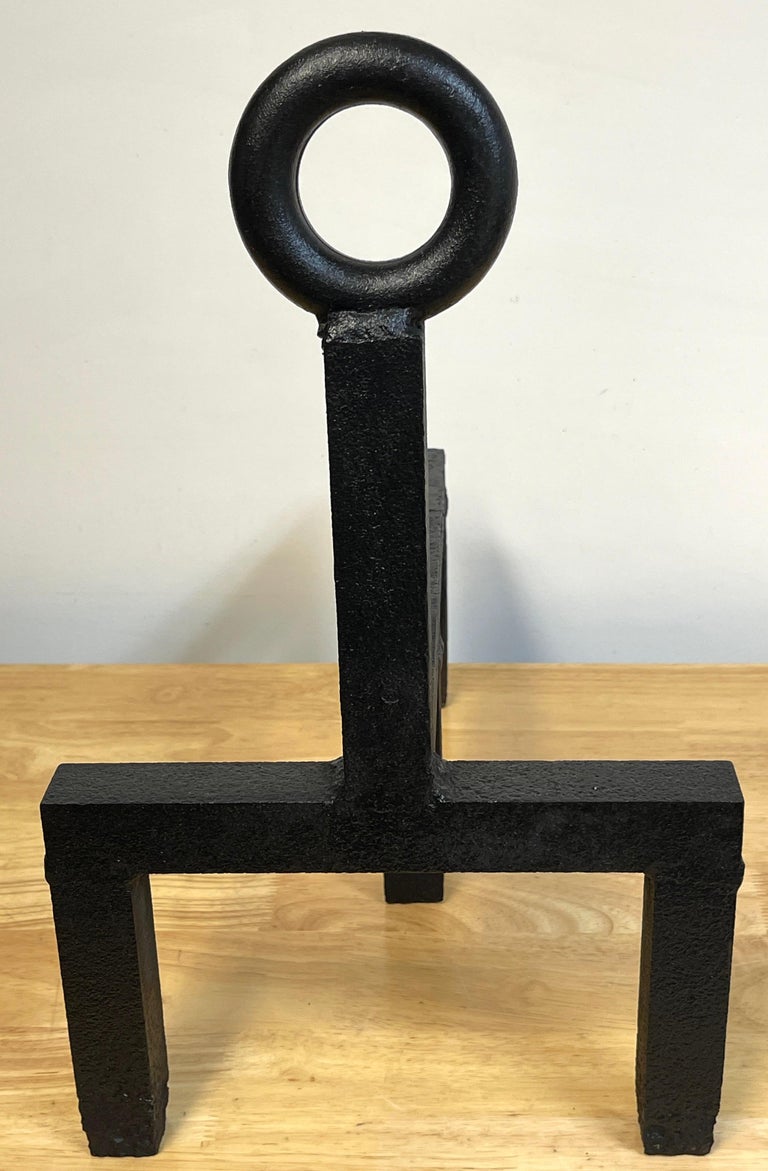Pair of French Modern 'Keyhole' Forged Iron Andirons For Sale at 1stDibs
