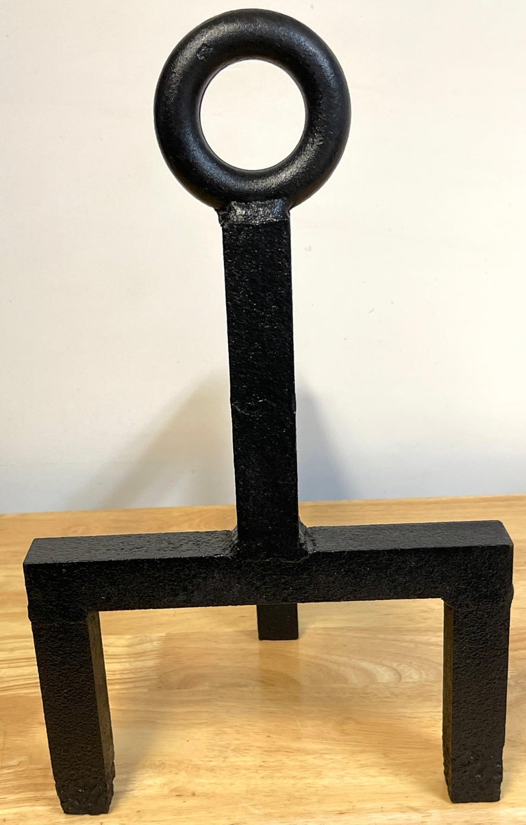 Pair of French Modern 'Keyhole' Forged Iron Andirons For Sale at 1stDibs