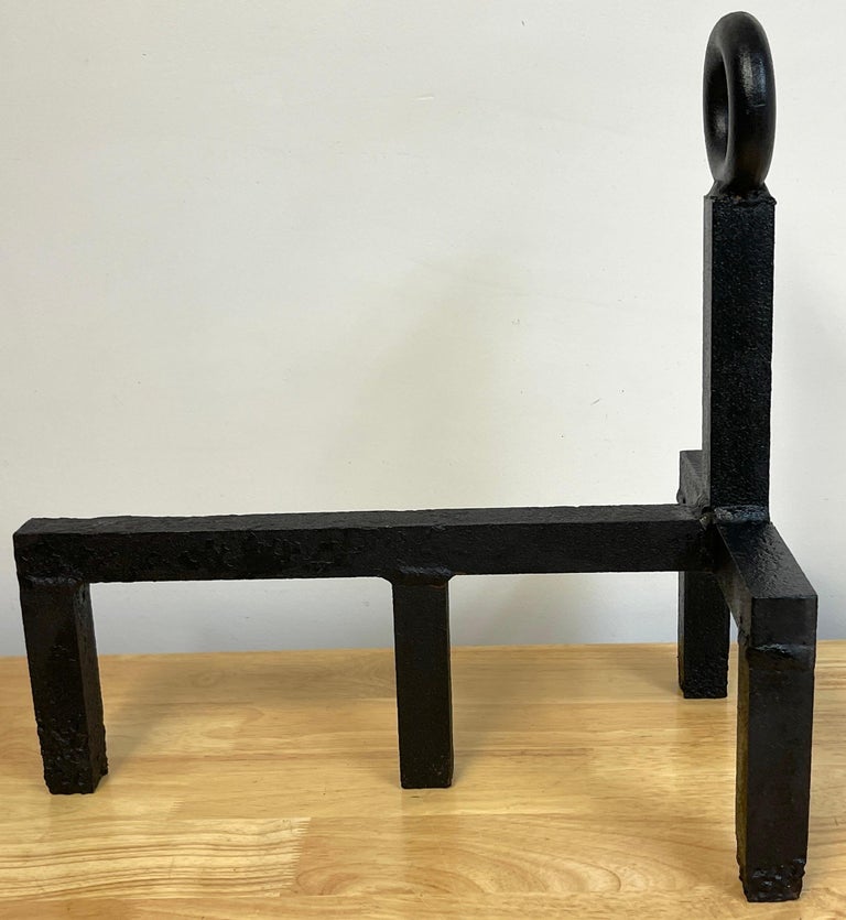 Pair of French Modern 'Keyhole' Forged Iron Andirons For Sale at 1stDibs