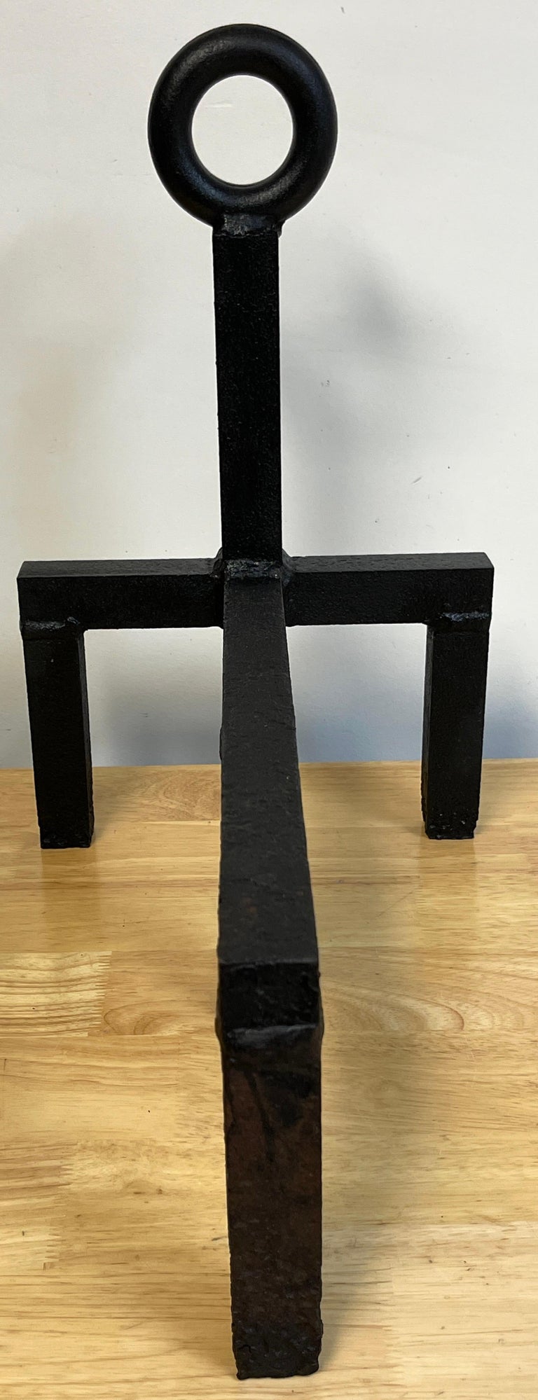 Pair of French Modern 'Keyhole' Forged Iron Andirons For Sale at 1stDibs