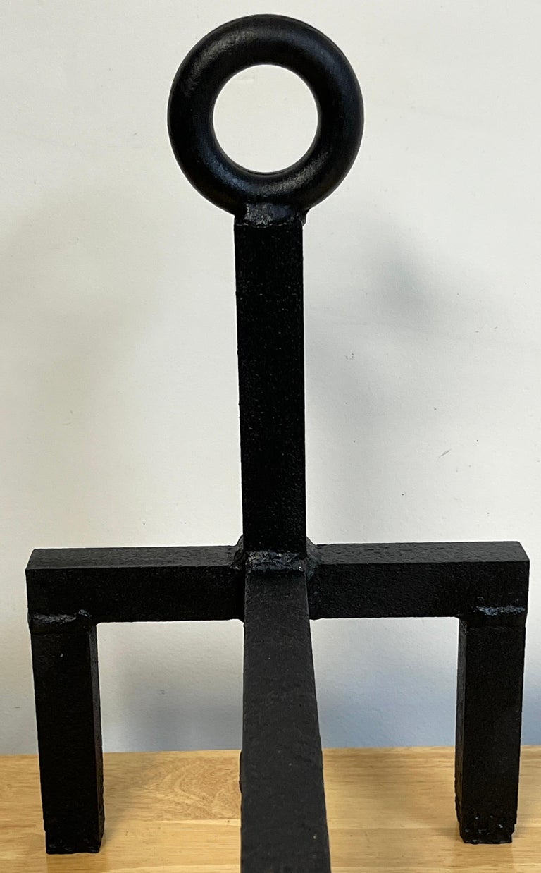 Pair of French Modern 'Keyhole' Forged Iron Andirons For Sale at 1stDibs