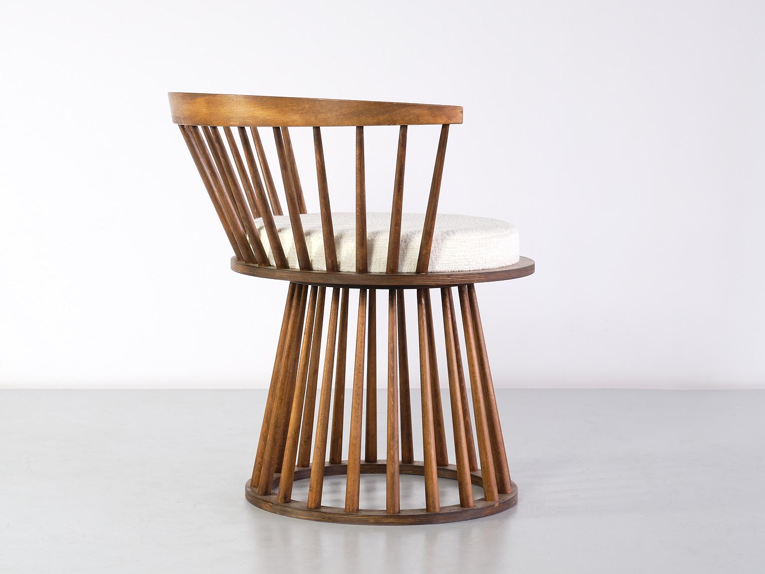 Pair of French Modern Spindle Chairs in Oak and White Bouclé Fabric ...