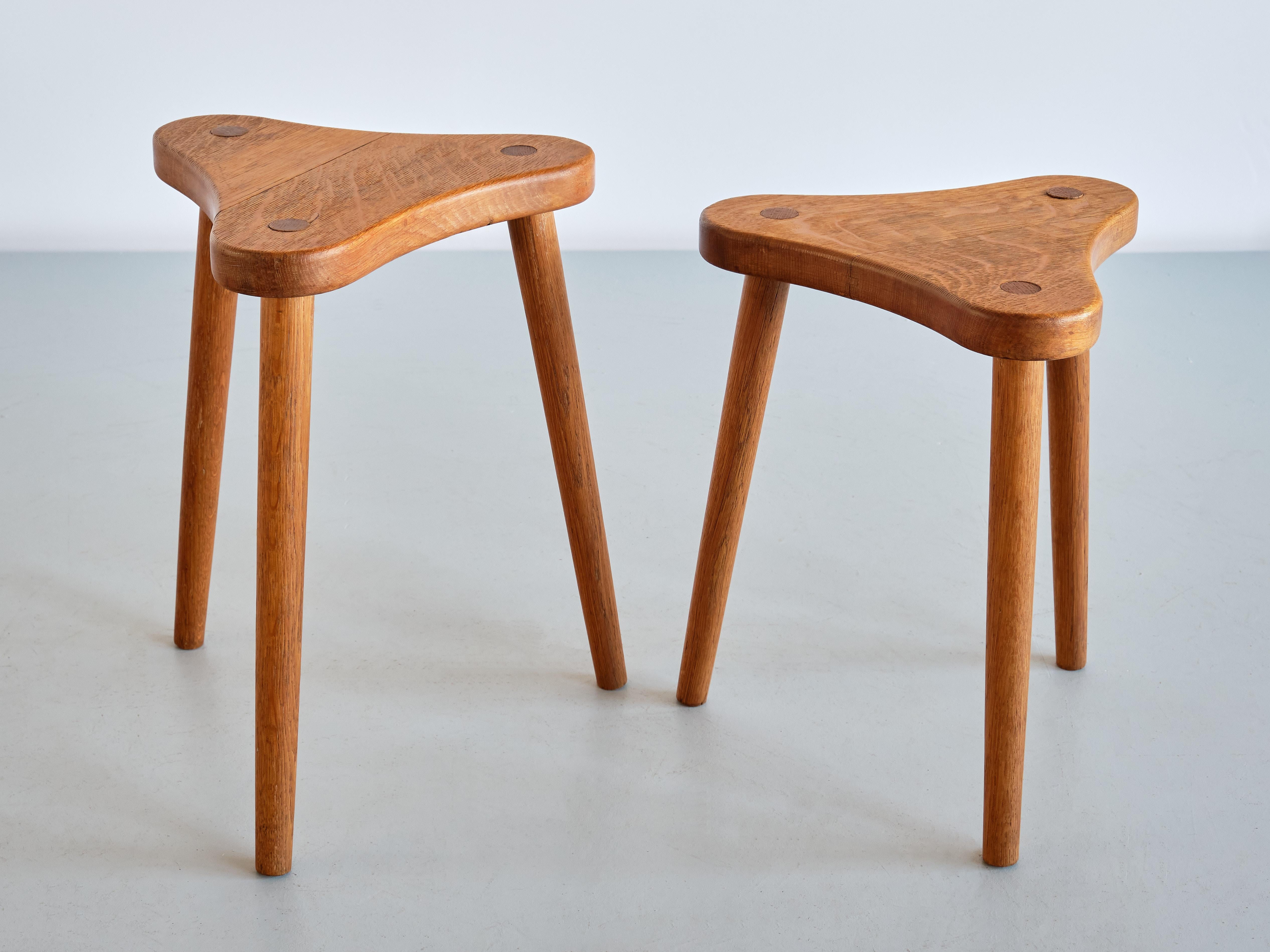 Pair of French Modern Three Legged Stools / Side Tables in Solid Oak ...