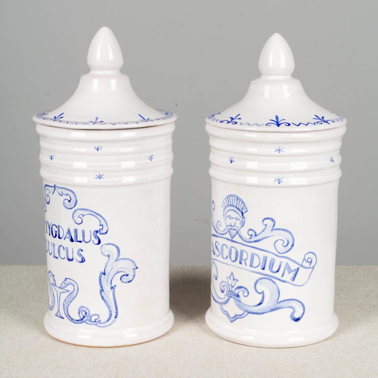 Pair of French Moustiers Ceramic Apothecary Jars For Sale at 1stDibs