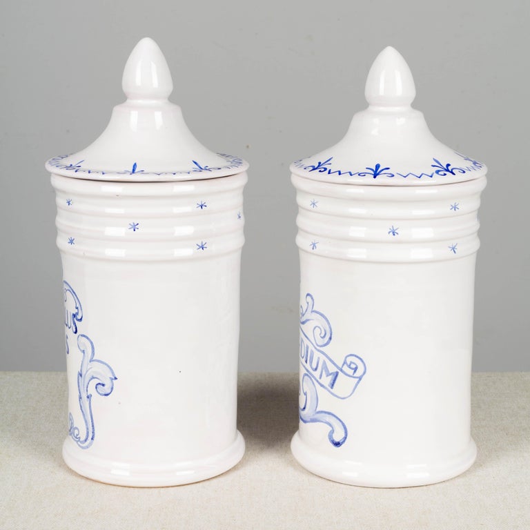 Pair of French Moustiers Ceramic Apothecary Jars For Sale at 1stDibs