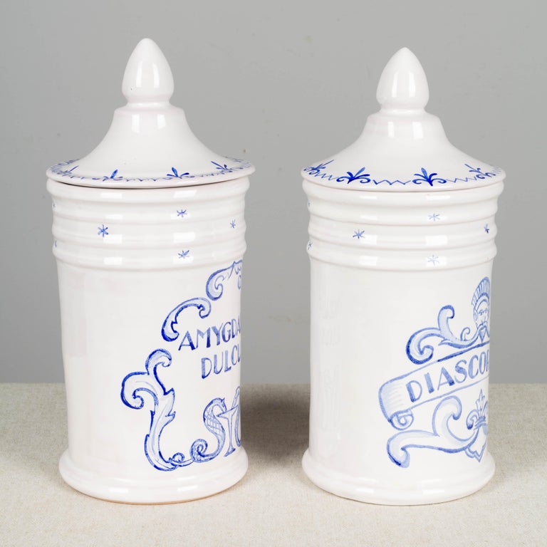Pair of French Moustiers Ceramic Apothecary Jars For Sale at 1stDibs