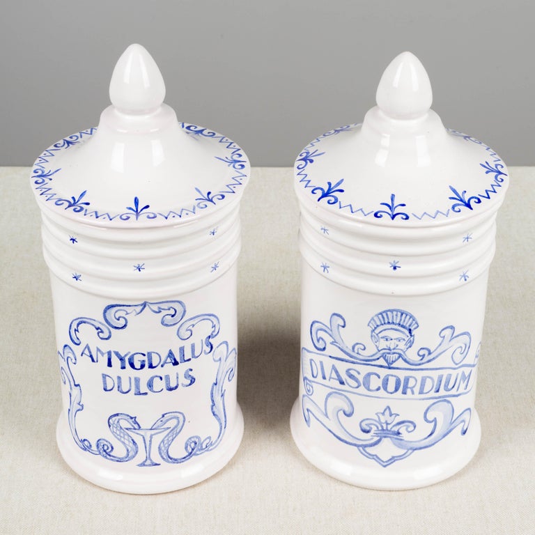 Pair of French Moustiers Ceramic Apothecary Jars For Sale at 1stDibs