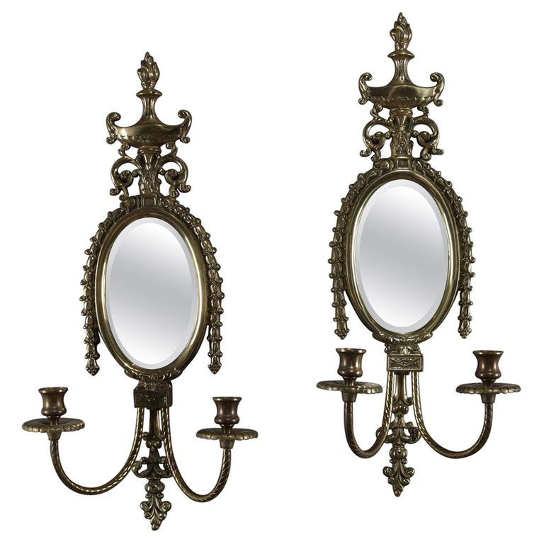 Pair of French Neoclassical Mirrored Brass Flaming Urn Candle Wall ...