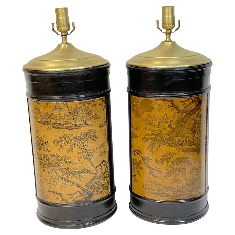 Pair of French Neoclassical Toile Decoupage and Wood Column Lamps For ...