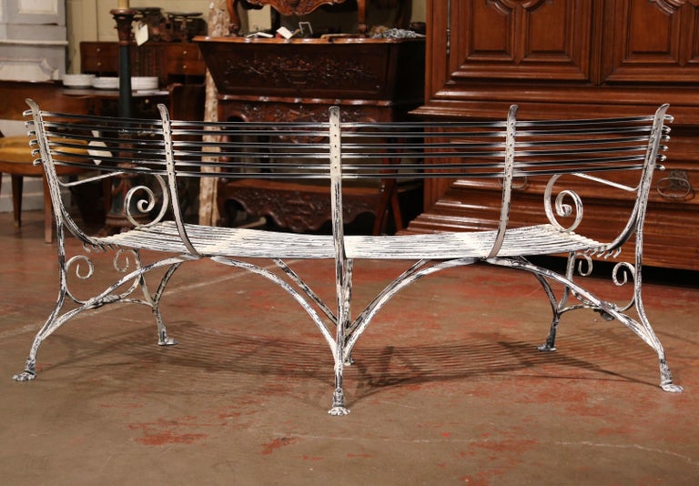 Pair of French Painted Iron Curved Four-Seat Benches with Back Signed ...
