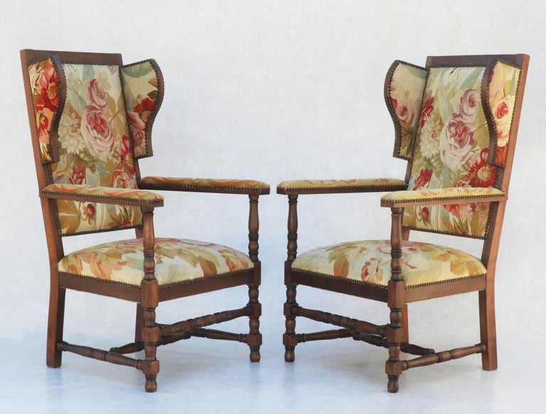 Pair of French Provincial Tapestry Wingback Armchairs For Sale at 1stDibs