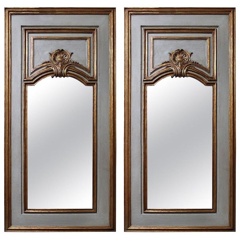 Pair of French Regence Style Mirrors in a Gray Painted and Gilt Finish ...