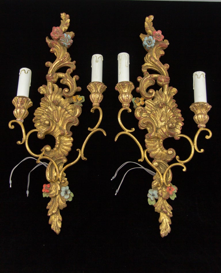 Pair of French Rococo Style Carved and Polychrome Painted Wood Sconces ...