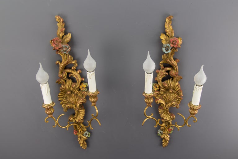 Pair of French Rococo Style Carved and Polychrome Painted Wood Sconces ...