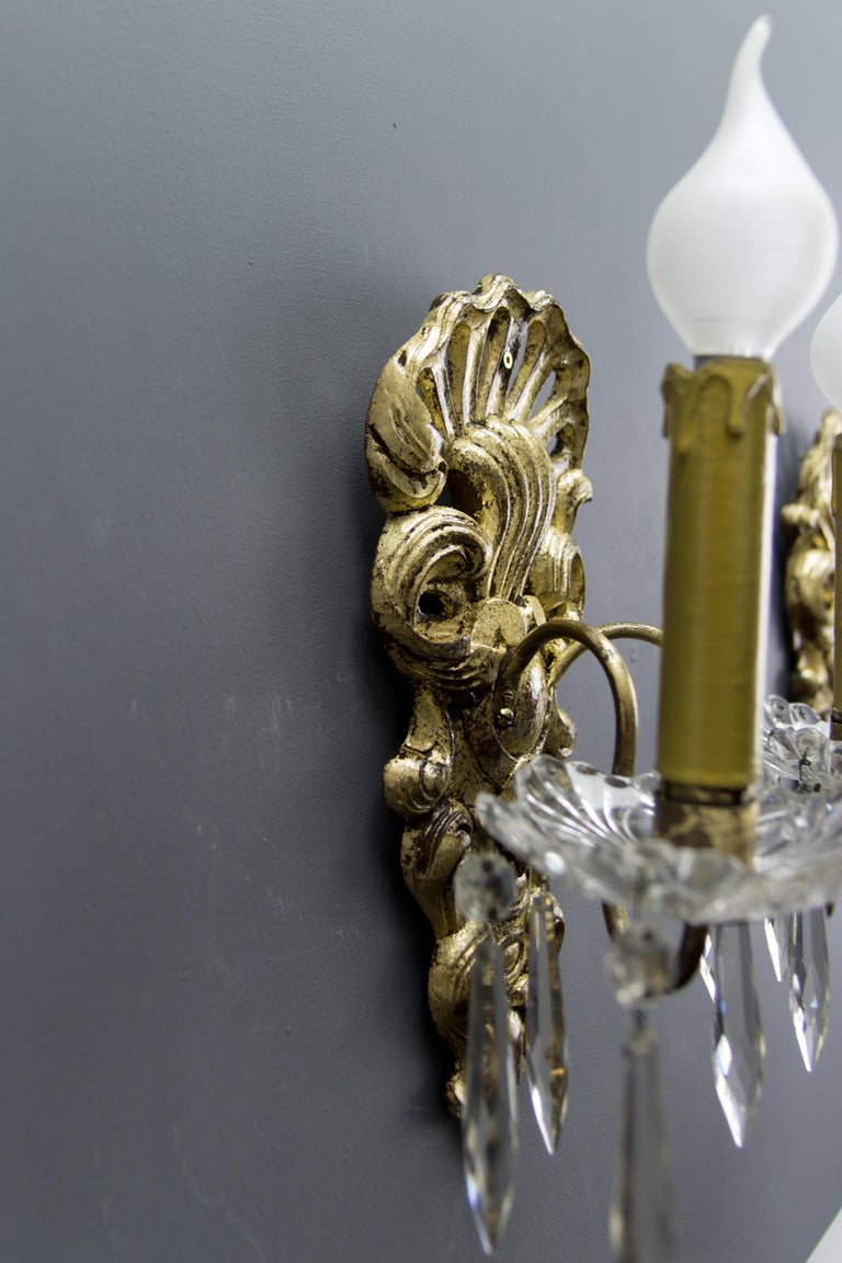 Pair of French Rococo Style Carved Wood and Crystal Glass Sconces For ...