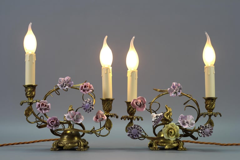 Pair of French Rococo Style Gilt Bronze and Porcelain Flower Table ...