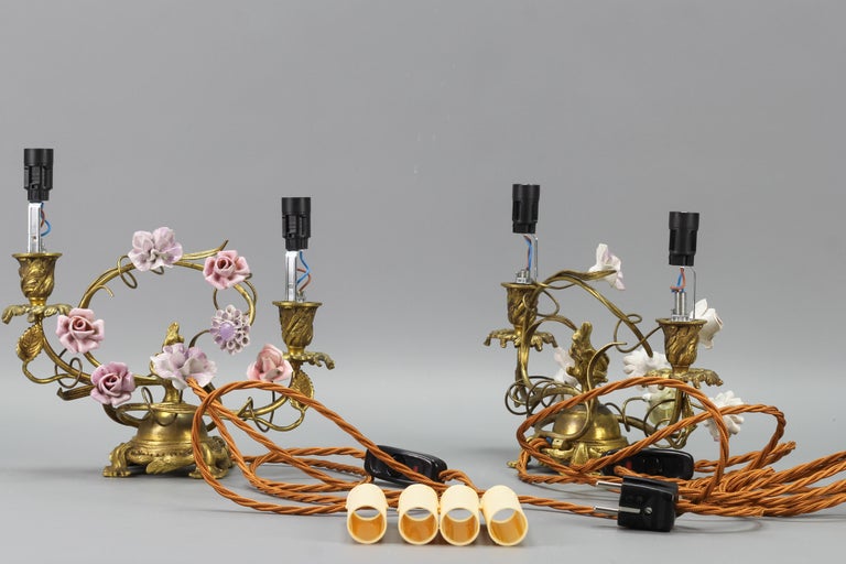 Pair of French Rococo Style Gilt Bronze and Porcelain Flower Table ...