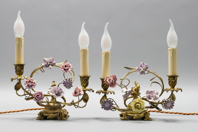 Pair of French Rococo Style Gilt Bronze and Porcelain Flower Table ...