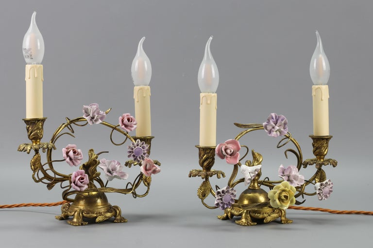 Pair of French Rococo Style Gilt Bronze and Porcelain Flower Table ...
