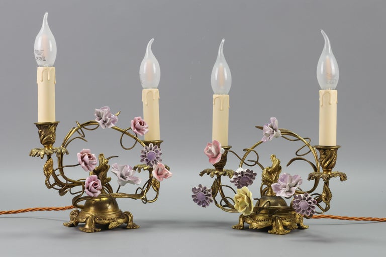 Pair of French Rococo Style Gilt Bronze and Porcelain Flower Table ...