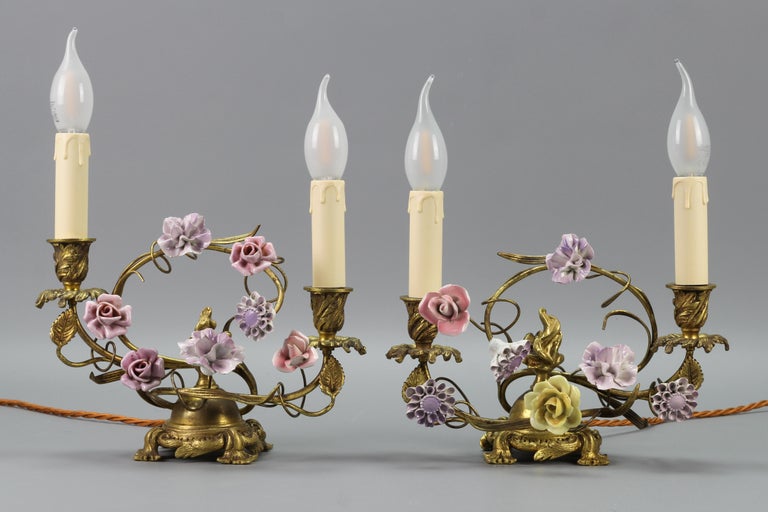 Pair of French Rococo Style Gilt Bronze and Porcelain Flower Table ...