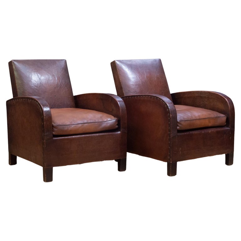 Pair of French Square Back Leather Club Chairs, c.1940 at 1stDibs