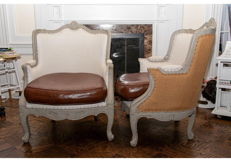 Pair of French Style Bergeres with Leather Seats For Sale at 1stDibs