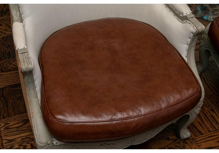 Pair of French Style Bergeres with Leather Seats For Sale at 1stDibs