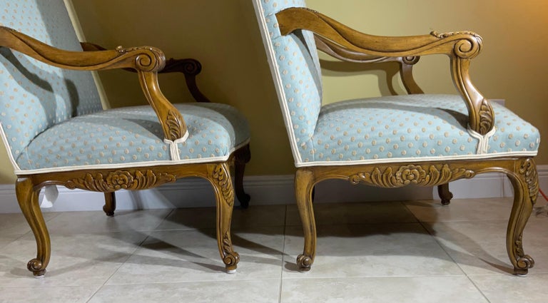 Pair of French Style Carved and Upholstered Armchairs For Sale at 1stDibs