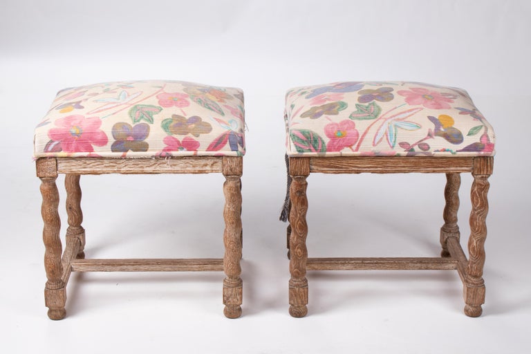 Pair of French Style Carved Wooden Upholstered Stools in Vintage Flower ...