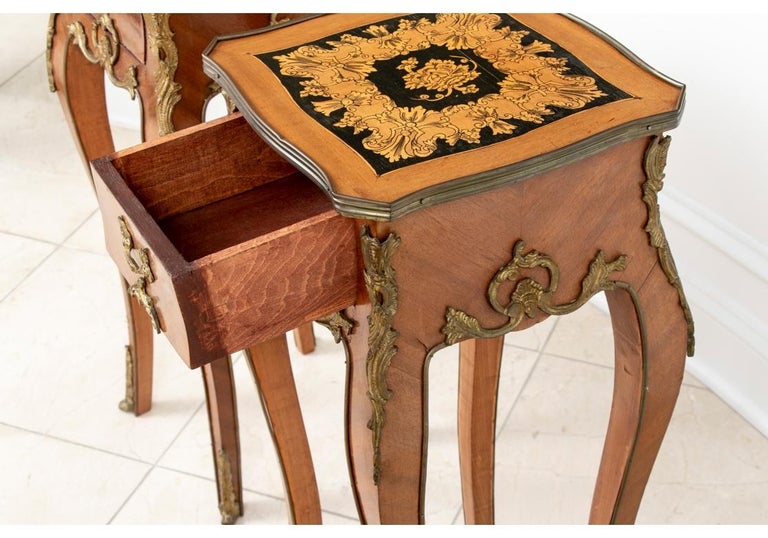 Pair Of French Tall Marquetry Decorated End Tables For Sale at 1stDibs