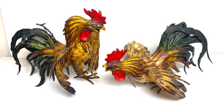 Pair of French Tole Fighting Roosters at 1stDibs