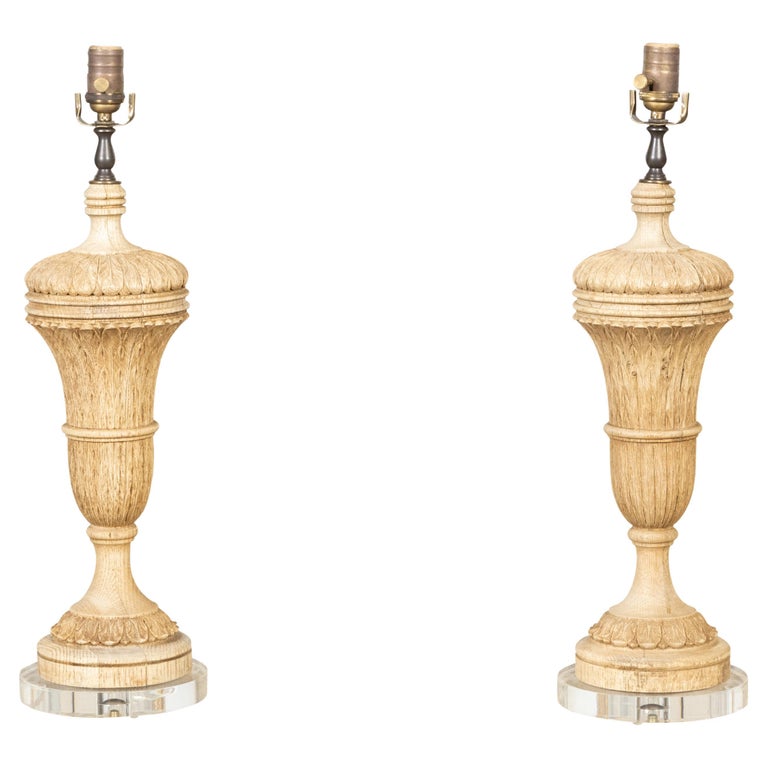 Pair of French Turn of the Century Wooden Lamps with Hand-Carved ...