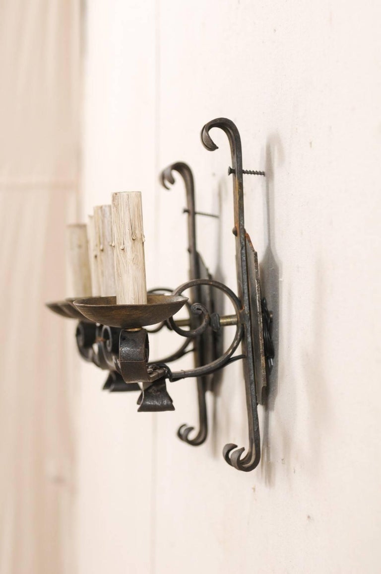 Pair of French Two-Light Hand-Forged Iron Sconces with Scrolled Arms ...