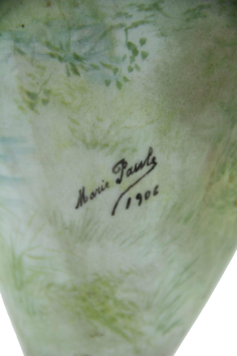 Pair of French Victorian Green Limoges Porcelain Vases For Sale at 1stDibs