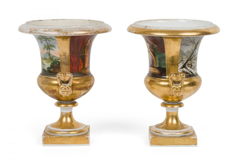 Pair of French Victorian Sevre Compagna Gilt and Painted Porcelain Urns ...