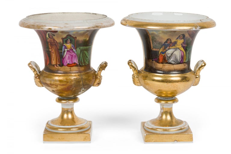 Pair of French Victorian Sevre Compagna Gilt and Painted Porcelain Urns ...