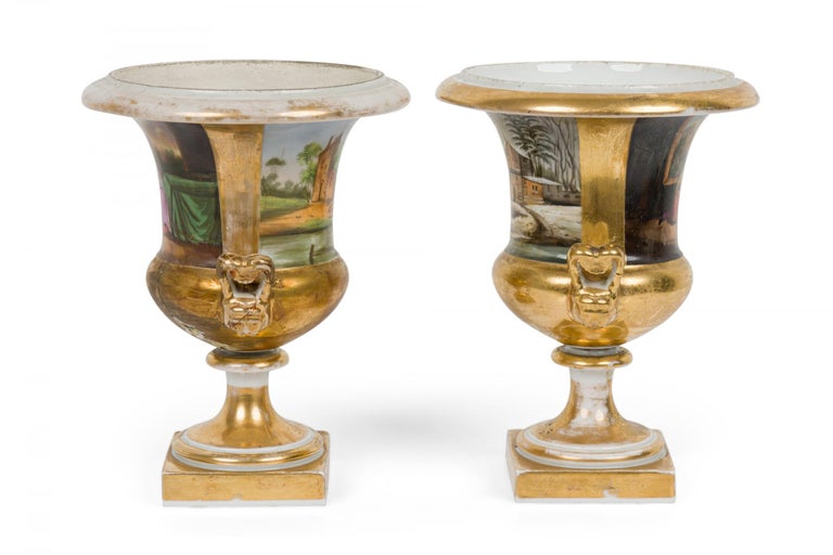 Pair of French Victorian Sevre Compagna Gilt and Painted Porcelain Urns ...