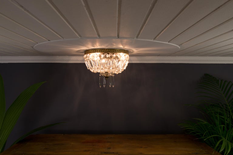 Pair of French Vintage Crystal and Brass Three-Light Ceiling Fixtures ...