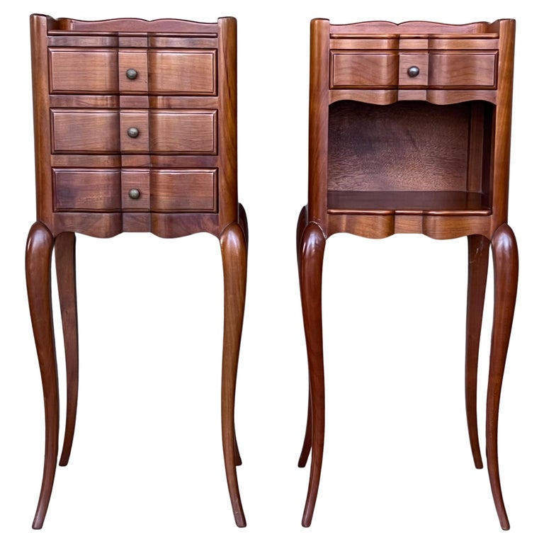 Pair of French Walnut Narrow Bedside Tables with Three Drawers For Sale ...