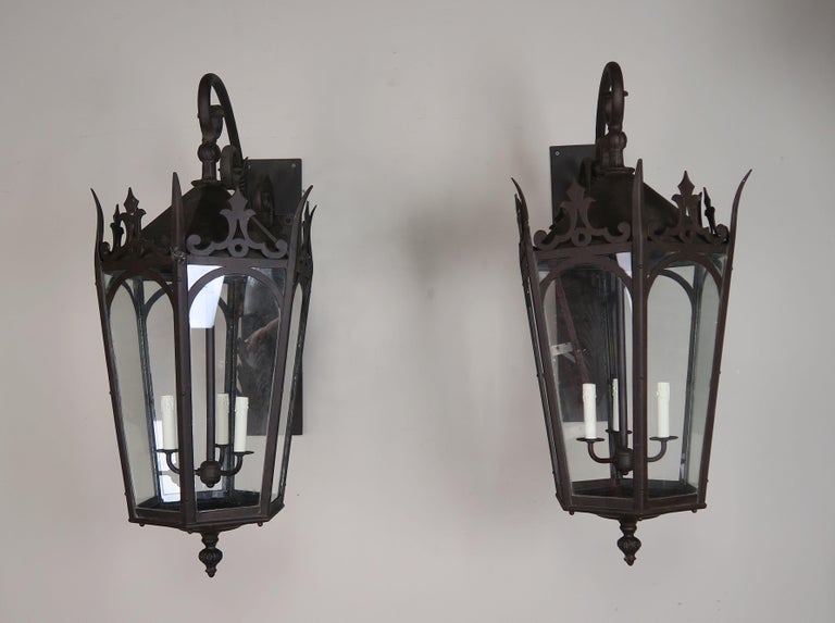 Pair of French Wrought Iron Gothic Style Lantern Sconces at 1stDibs