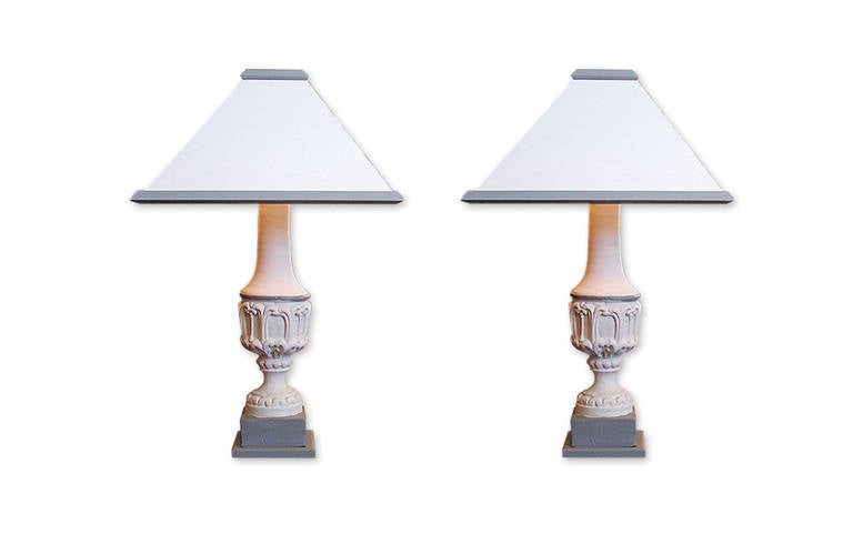 Pair of French XIX Painted Stone Pillar Lamps with Painted Wood Half ...