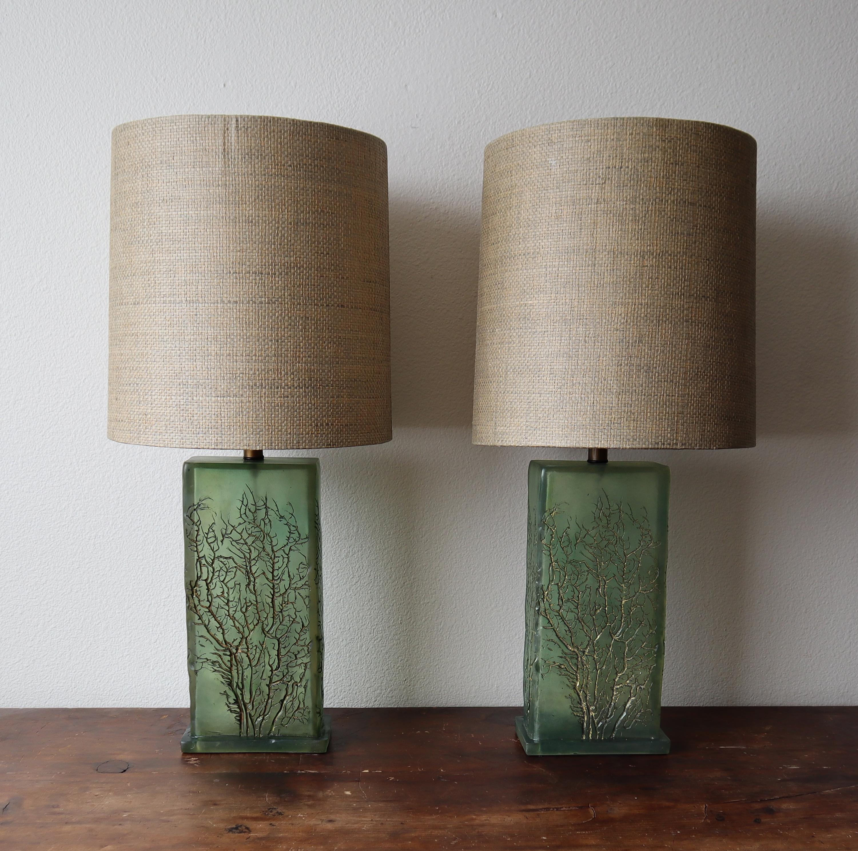 Pair of Frosted Green Acrylic Lamps with Carved Trees For Sale at 1stDibs