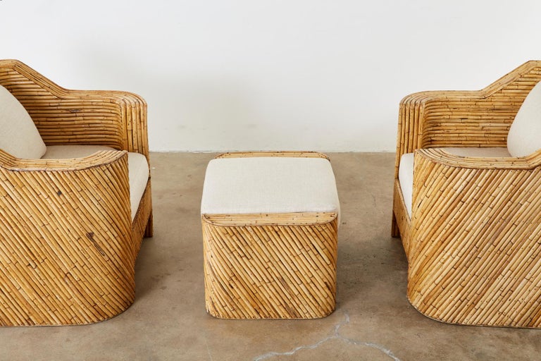 Pair of Organic Modern Bamboo Rattan Lounge Chairs and Ottoman at 1stDibs