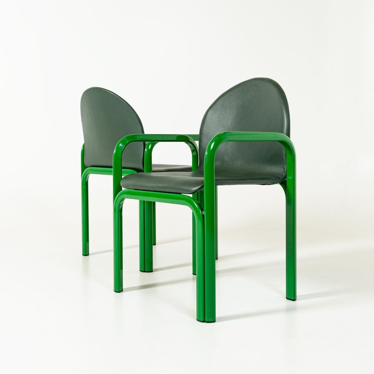 Pair of Gae Aulenti Arm Chairs Model 54A in Tonal Green For Sale at 1stDibs