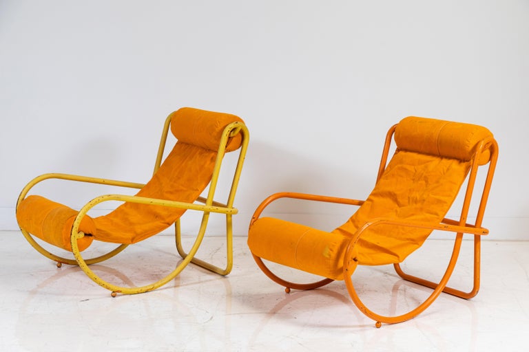 Pair of Gae Aulenti Locus Solus Lounge Chairs in Orange Tent Canvas at ...